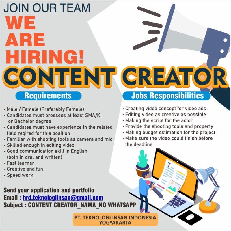 Lowongan Kerja Content Creator di PT. Teknologi Insan Indonesia - LokerJogja.ID