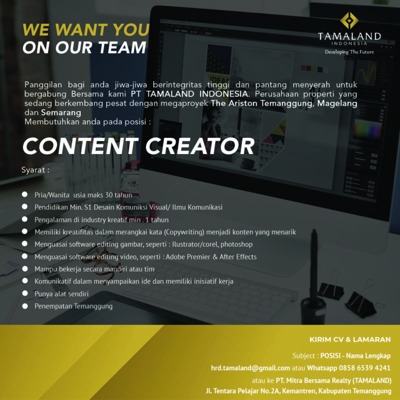 Lowongan Kerja Content Creator - SPV Engineering di PT. Tamaland Indonesia - LokerJogja.ID