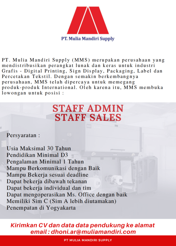 Lowongan Kerja Staff Admin - Staff Sales di PT. Mulia Mandiri Supply ...