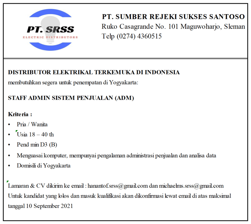 Lowongan Kerja Staff Admin (ADM) di PT. Sumber Rejeki Sukses Santoso - LokerJogja.ID