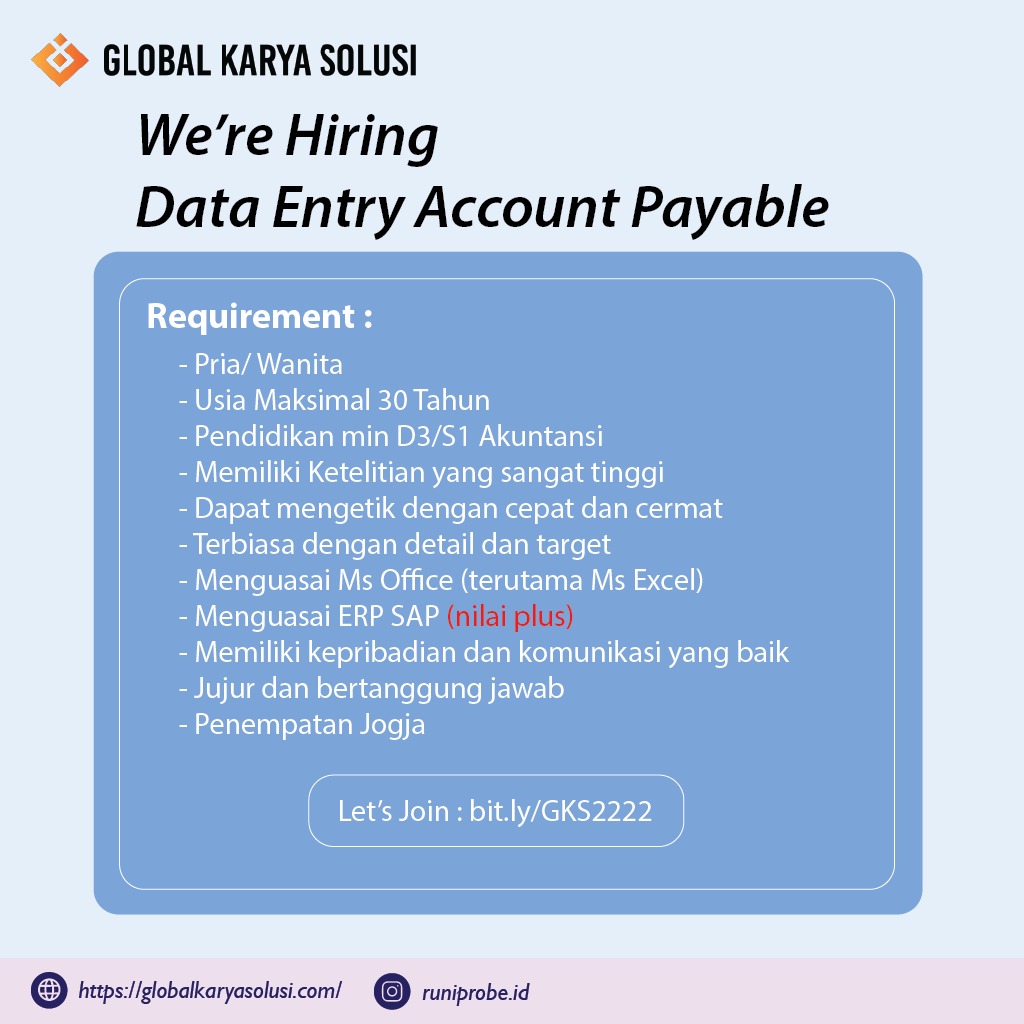 Lowongan Kerja Data Entry Account Payable di PT. Global Karya Solusi - LokerJogja.ID
