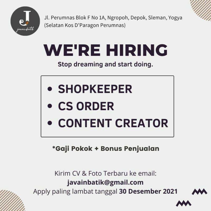 Lowongan Kerja Shopkeeper - CS Order - Content Creator di Javainbatik - LokerJogja.ID