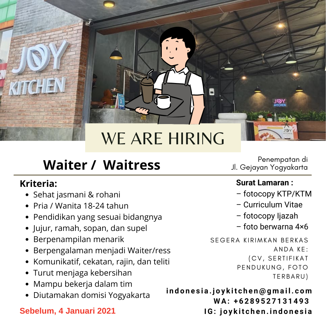 Lowongan Kerja Waiter di JOY Kitchen Indonesia - LokerJogja.ID