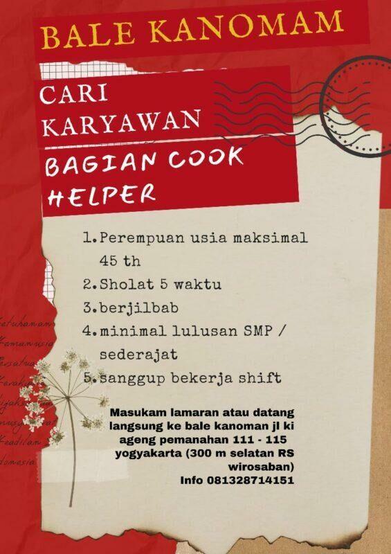 Lowongan Kerja Cook Helper di Bale Kanoman - LokerJogja.ID