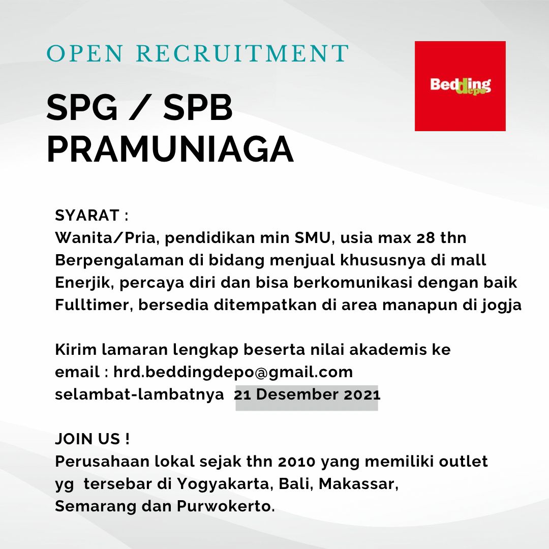 Lowongan Kerja SPG/SPB Pramuniaga di Bedding Depo - LokerJogja.ID