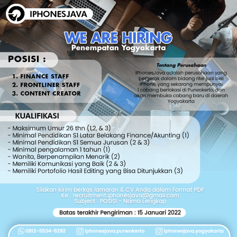 Lowongan Kerja Finance Staff Frontliner Staff Content Creator Di