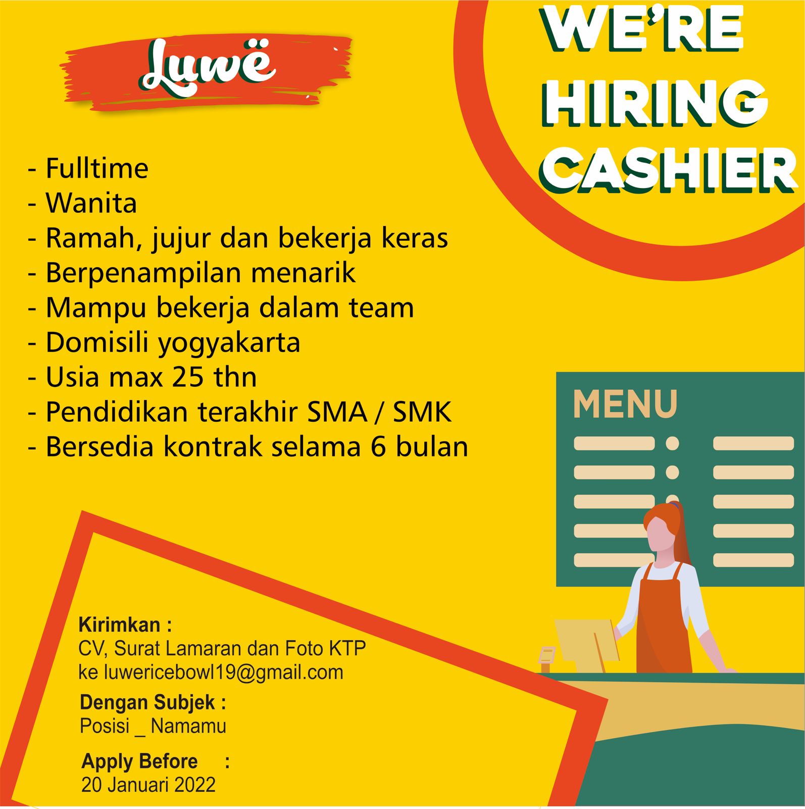 Lowongan Kerja Kasir di Luwe Ricebowl - LokerJogja.ID