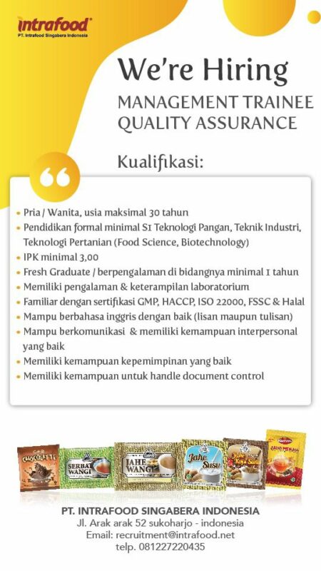 Lowongan Kerja Management Trainee Quality Control di PT. Intrafood ...