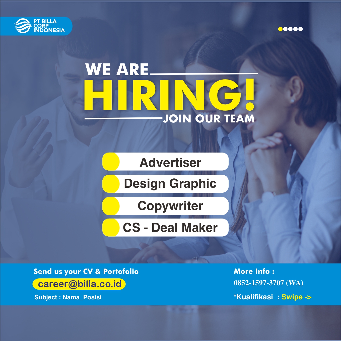 Lowongan Kerja Advertiser - Design Graphic - Copywriter - CS - Deal Maker di PT. Billa Corp ...