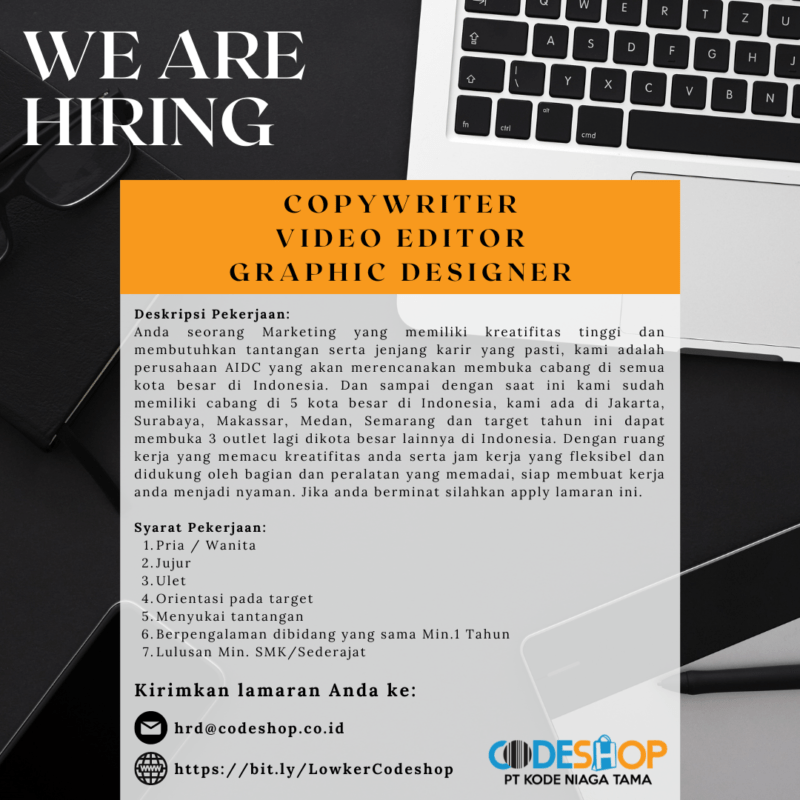 Lowongan Kerja Copywriter - Video Editor - Graphic Designer di PT. Kode ...