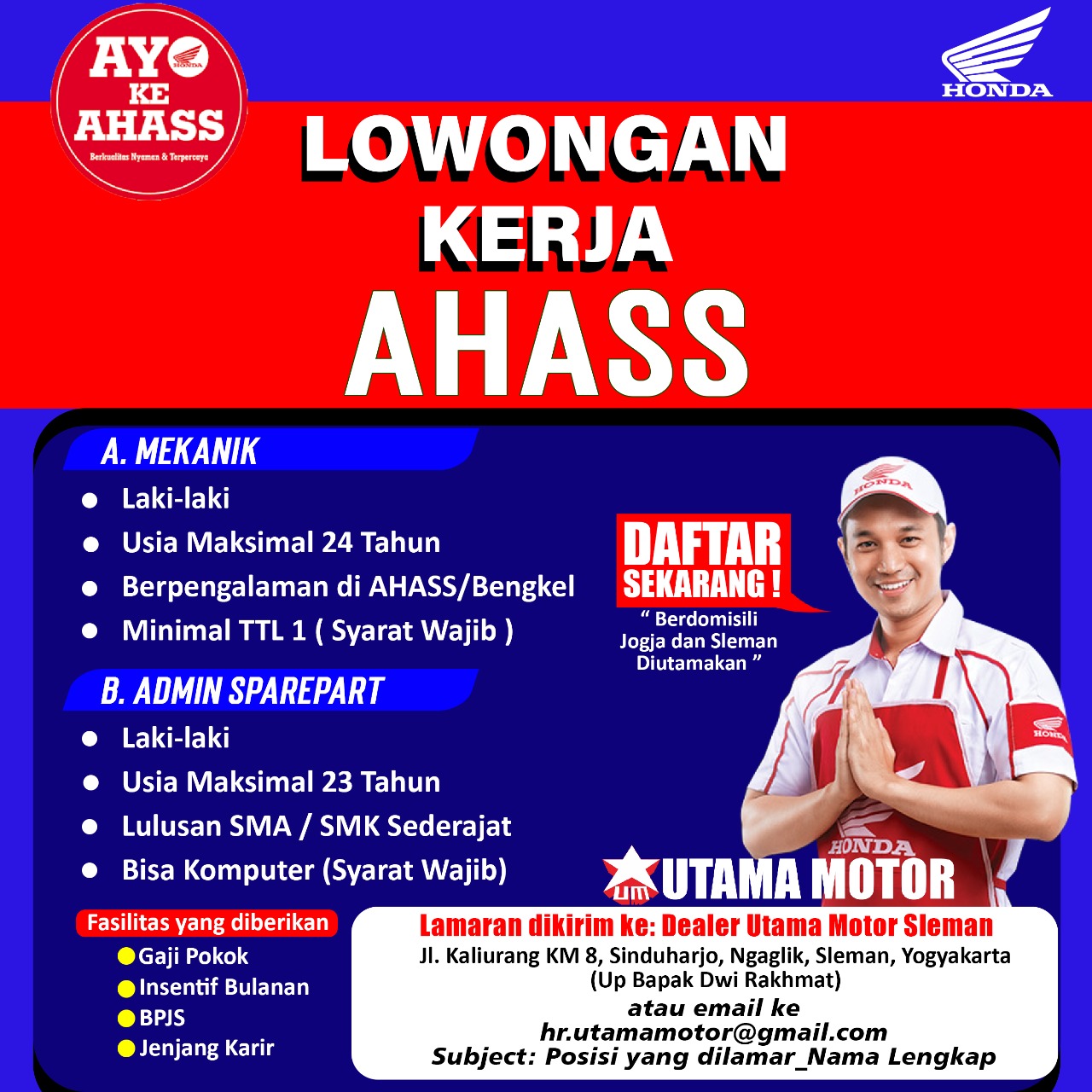 Lowongan Kerja Mekanik - Admin Sparepart / Part Counter di AHASS Utama Motor Group - LokerJogja.ID