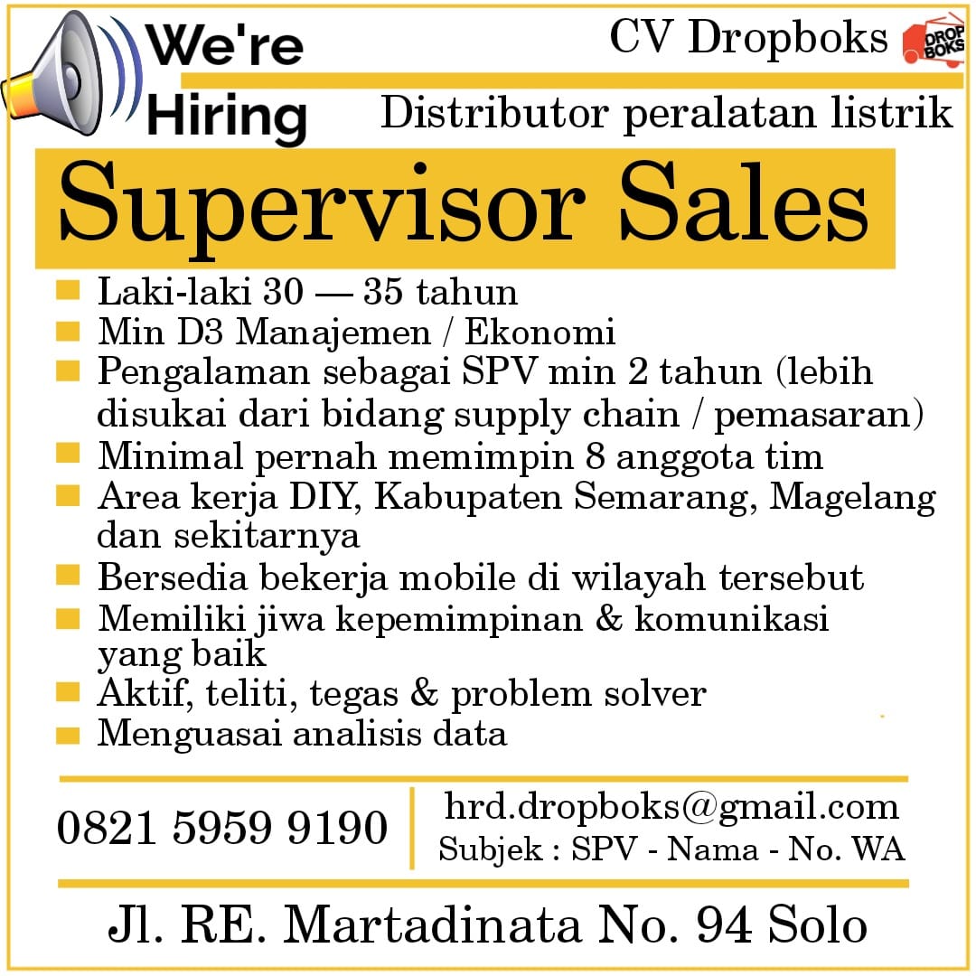 Lowongan Kerja Supervisor Sales di CV. Dropboks - LokerJogja.ID