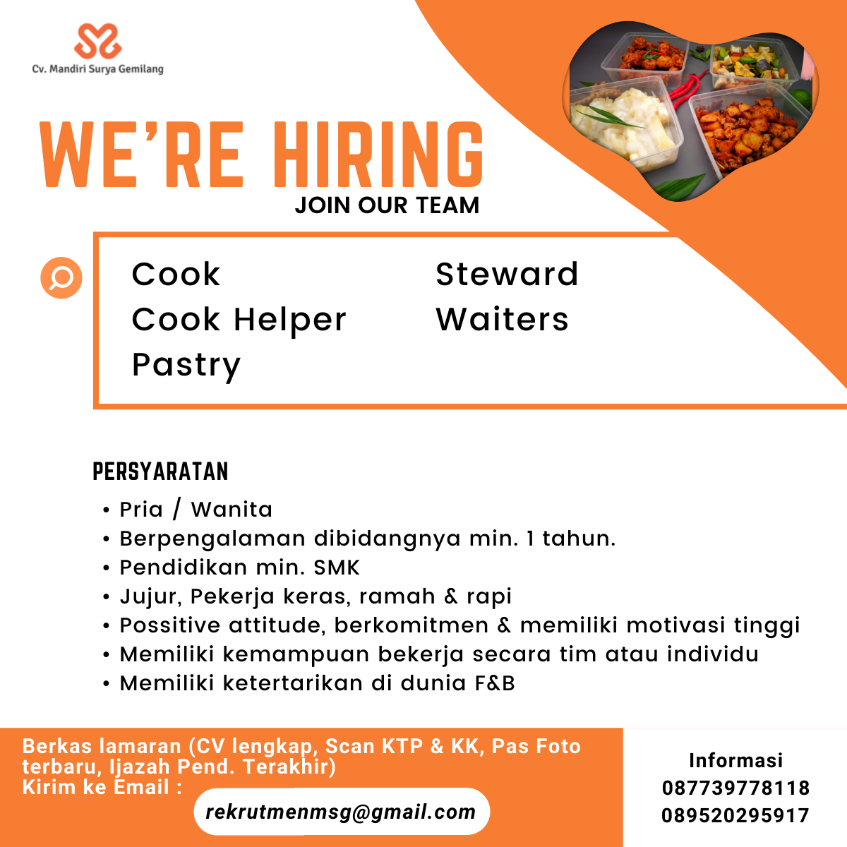 Lowongan Kerja Cook - Cook Helper - Pastry - Steward - Waiters di CV ...