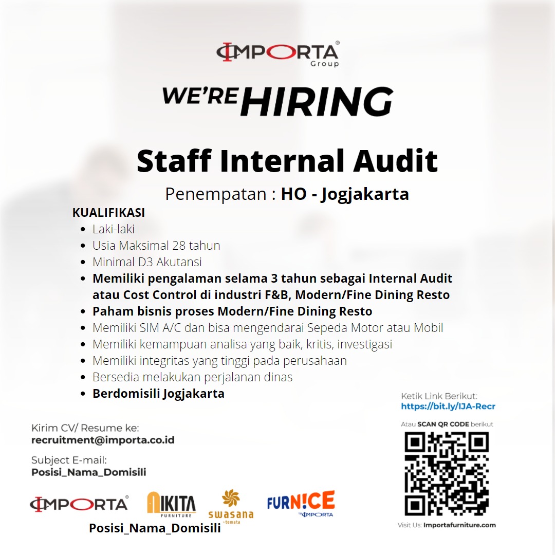 Lowongan Kerja Staff Internal Audit - Graphic Design - Spv Sales Project - Admin Piutang di PT ...