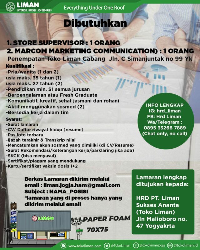 Lowongan Kerja Store Supervisor - Marketing Communication (Marcom) - Kasir - Pramuniaga di PT ...