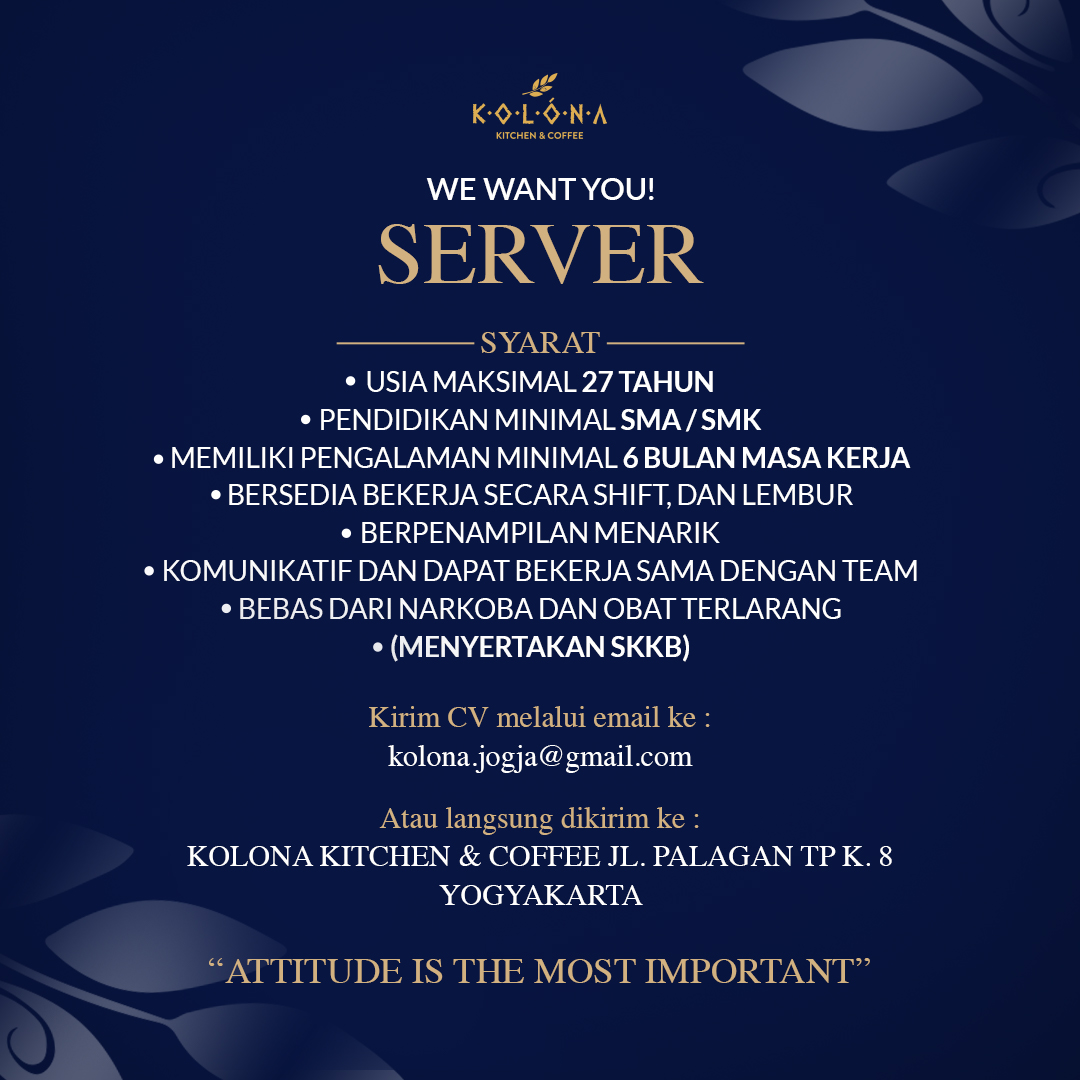 Lowongan Kerja Server - Cashier di Kolona Kitchen & Coffee - LokerJogja.ID