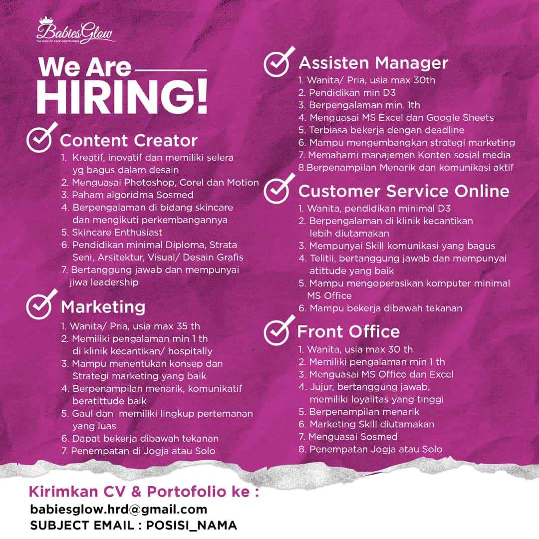 Lowongan Kerja Content Creator - Marketing - Asisten Manager - Customer Service Online - Front ...