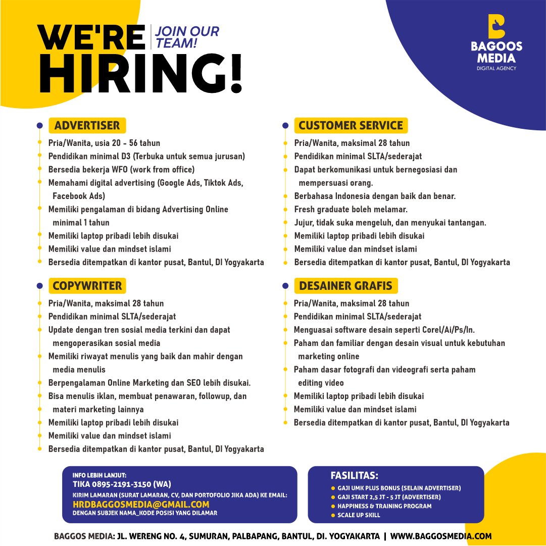 Lowongan Kerja Advertiser - CS (Telemarketing) - Copywriter - Desainer ...