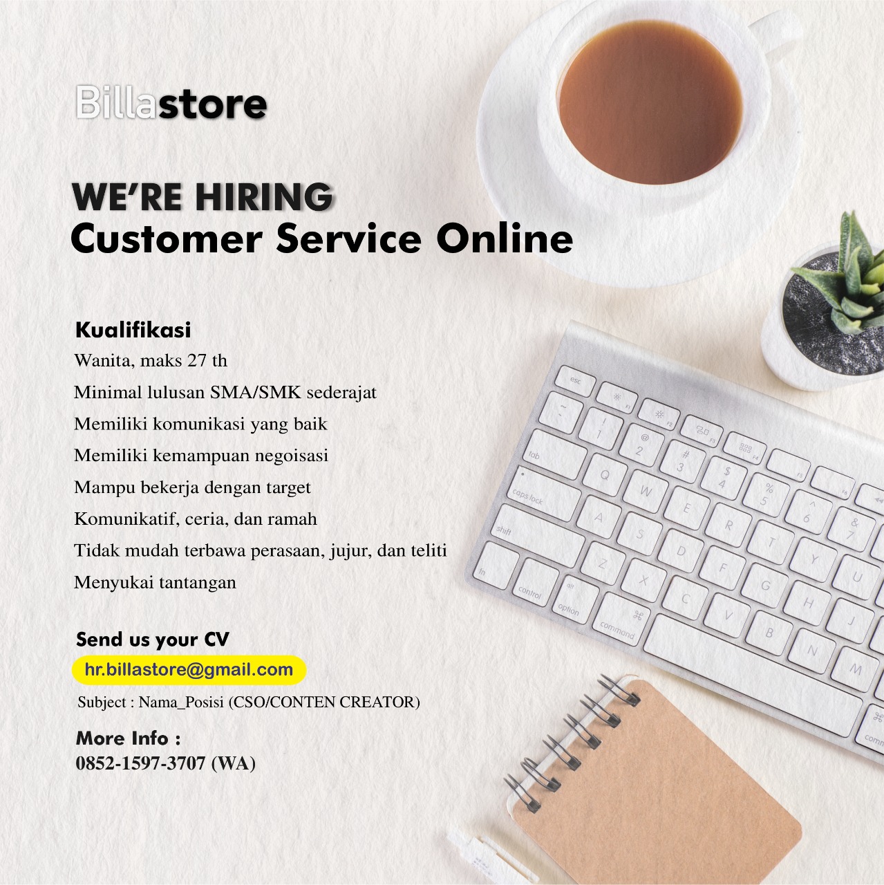 Lowongan Kerja CS Deal Maker - Content Creator di Billastore - LokerJogja.ID
