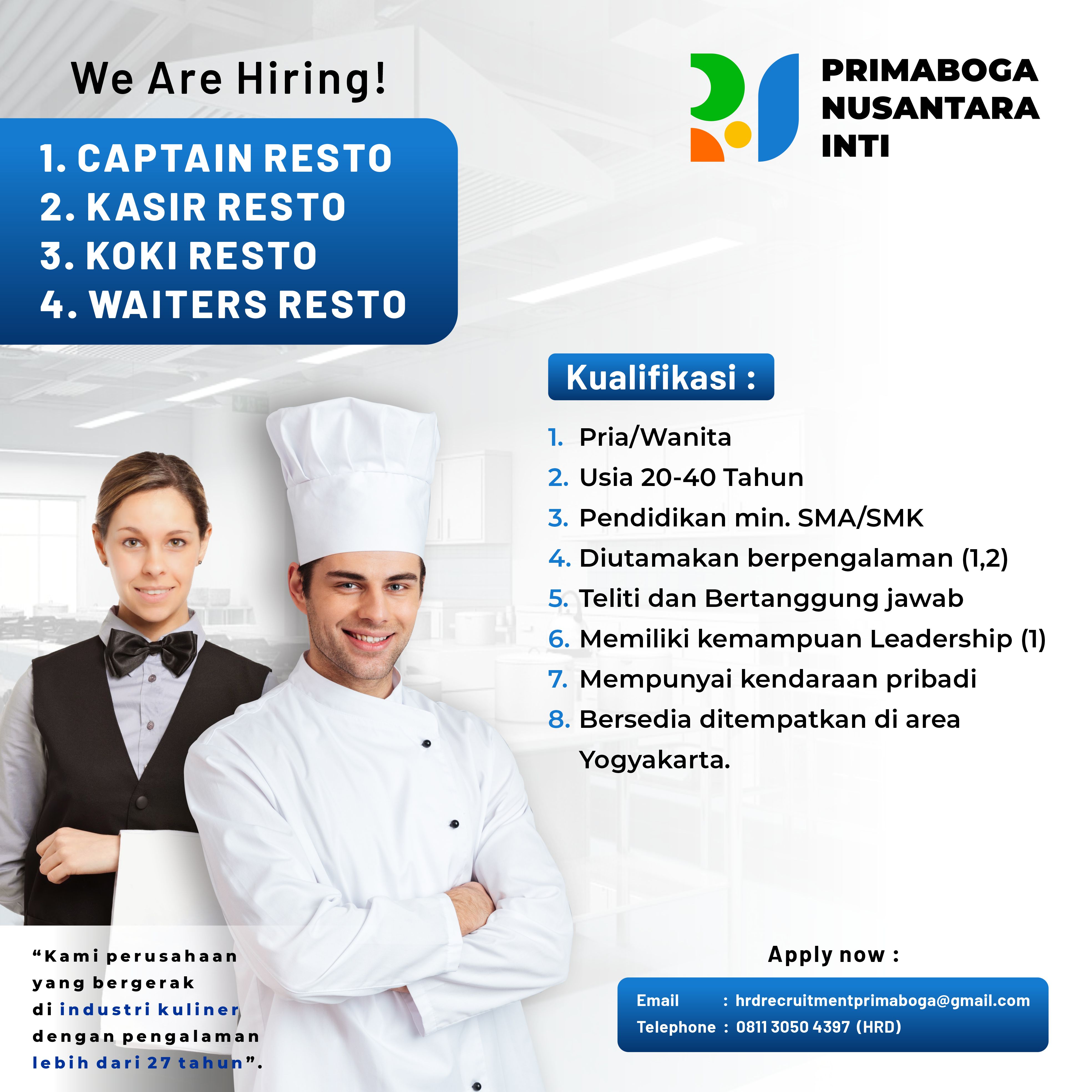 Lowongan Kerja Captain Resto - Kasir Resto - Koki Resto - Waiters Resto di PT. Primaboga ...