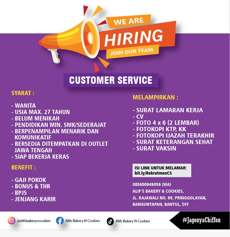 Lowongan Kerja Customer Service di PT. Fathan Berkah Abadi (Alif's Bakery & Cookies) - LokerJogja.ID