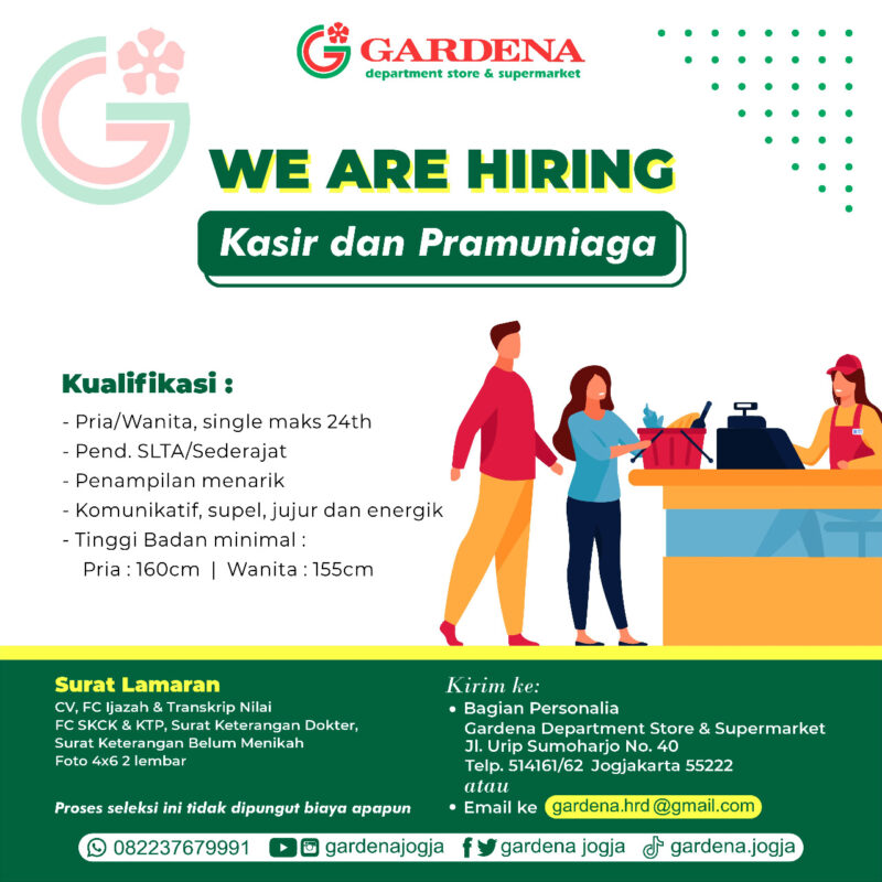 Lowongan Kerja Kasir dan Pramuniaga di PT. Gardena Graha - LokerJogja.ID