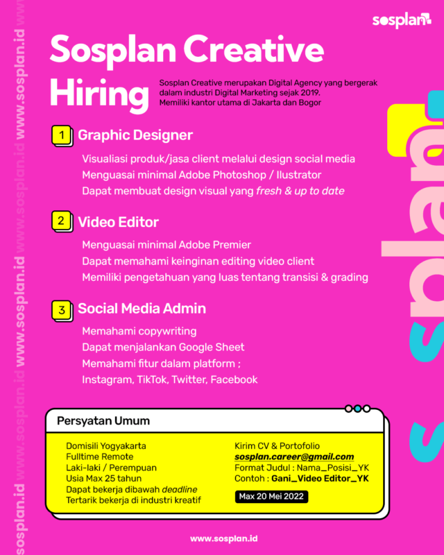 Lowongan Kerja Graphic Designer - Video Editor - Social Media Admin di Sosplan Creative ...