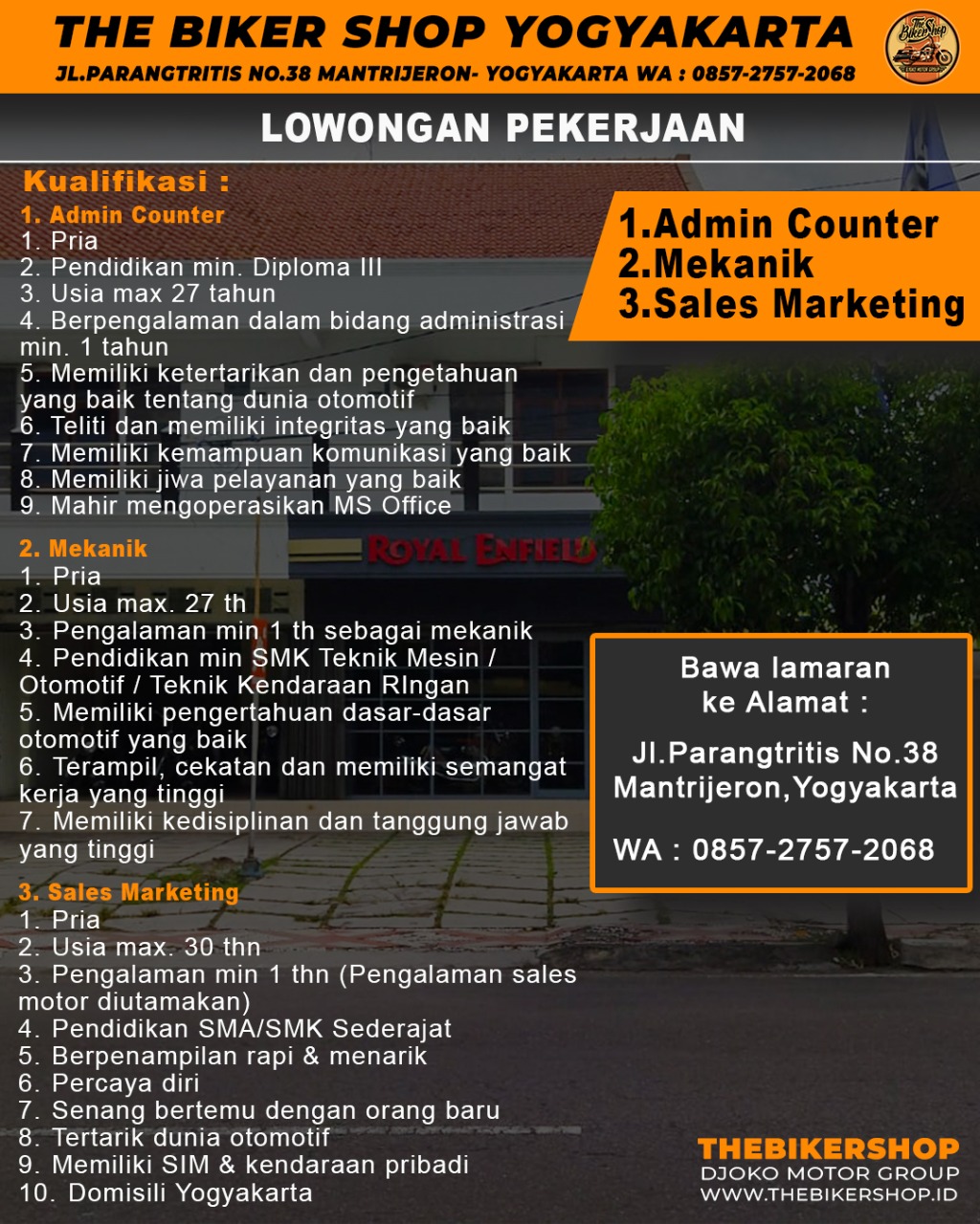 Lowongan Kerja Marketing - Admin / Sales Konter - Mekanik di The Biker Shop Yogyakarta ...