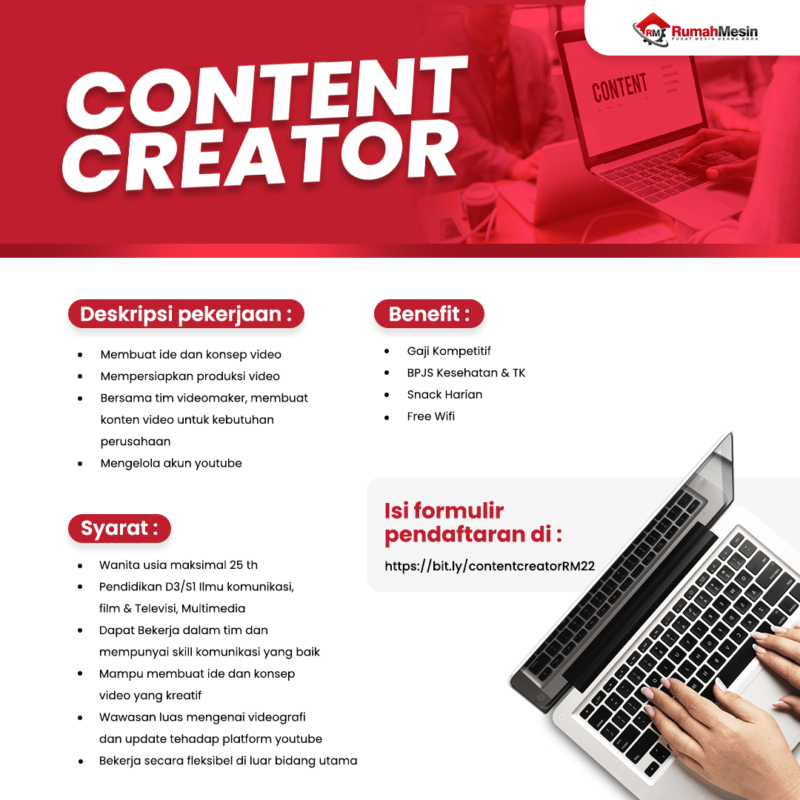 Lowongan Kerja Content Creator di CV. Rumah Mesin - LokerJogja.ID