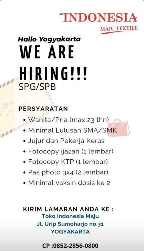 Lowongan Kerja SPG/ SPB di Indonesia Maju Textile - LokerJogja.ID