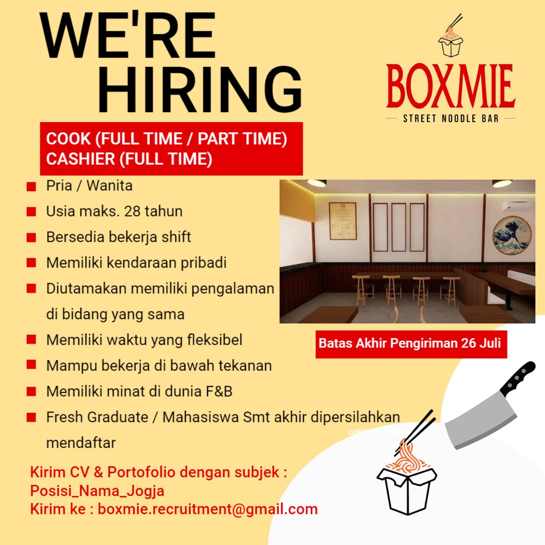 Lowongan Kerja Cook - Cashier - Content Creator di Boxmie - LokerJogja.ID