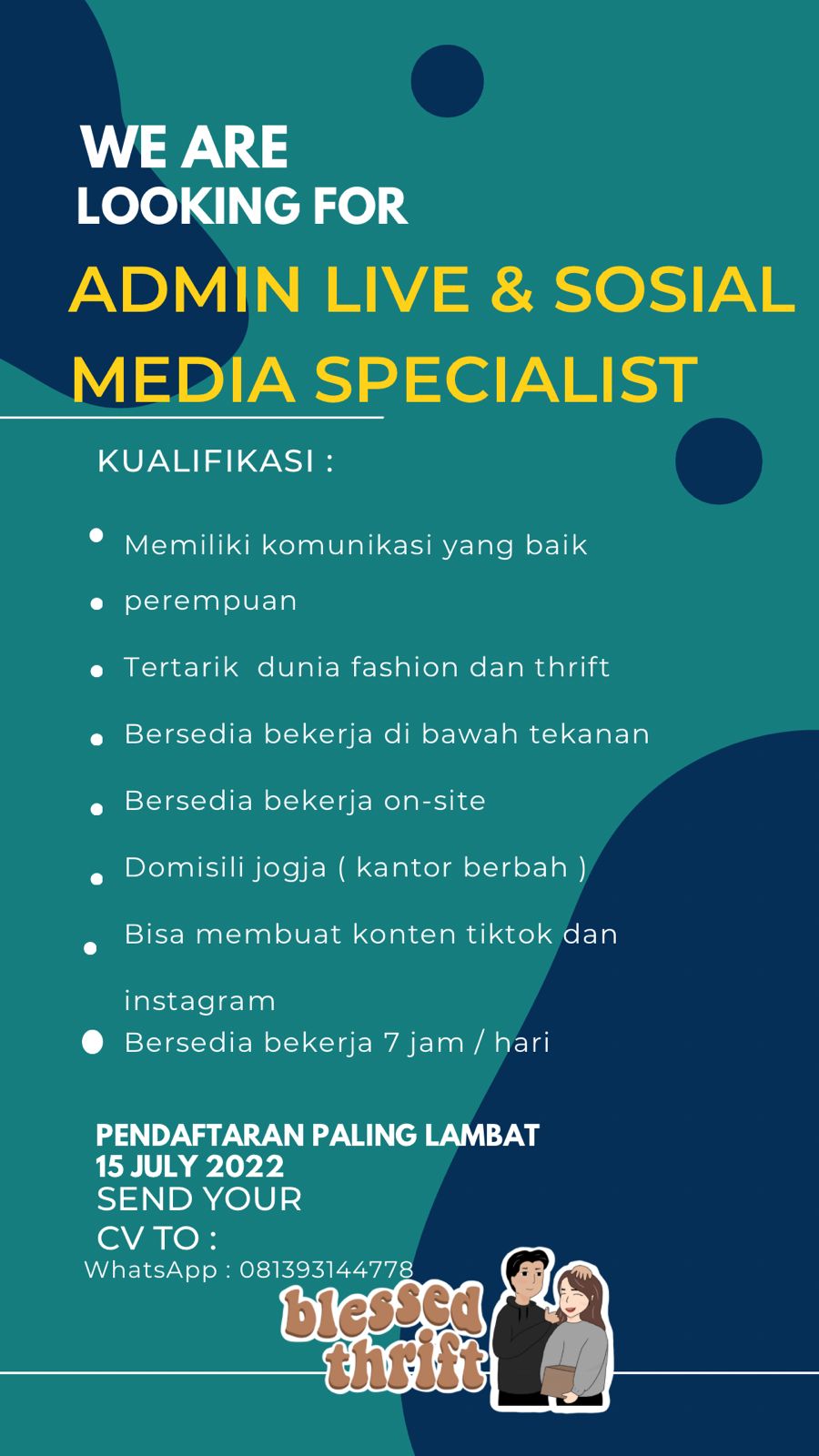 Lowongan Kerja Admin Live & Sosial Media Specialist di Blessedthrift - LokerJogja.ID