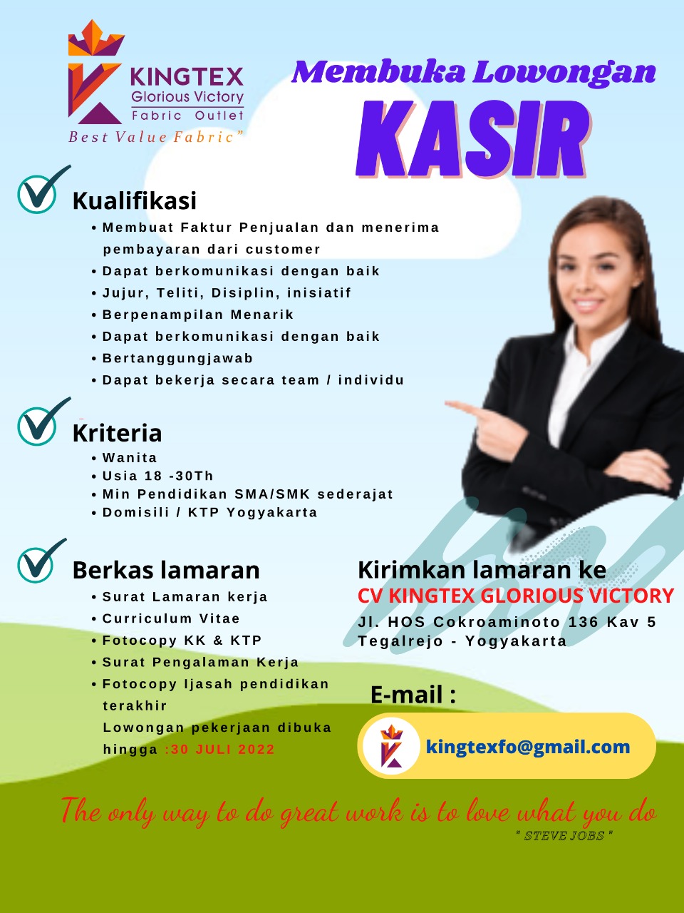 Lowongan Kerja Kasir di CV. Kingtex Glorious Victory - LokerJogja.ID