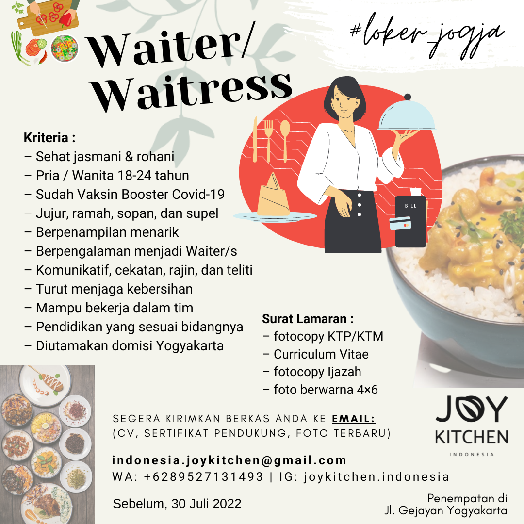 Lowongan Kerja Waiter - Waitress di JOY Kitchen Indonesia - LokerJogja.ID