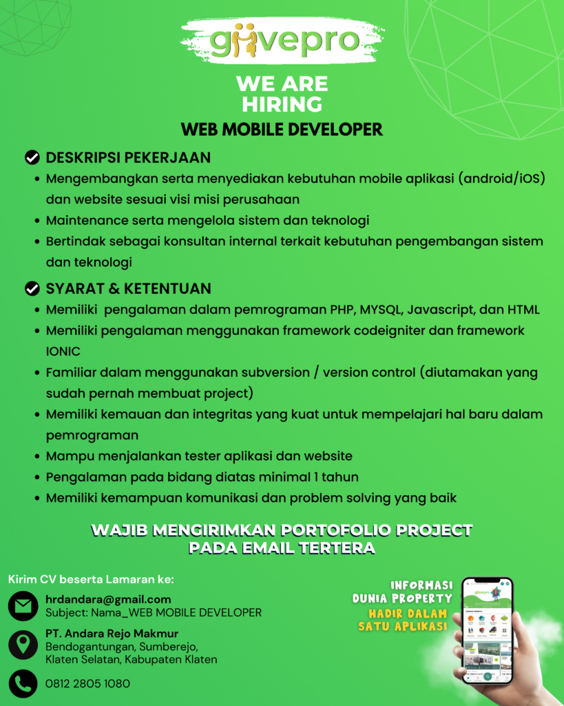 Lowongan Kerja Web Mobile Developer di Giivepro (Property Technology ...