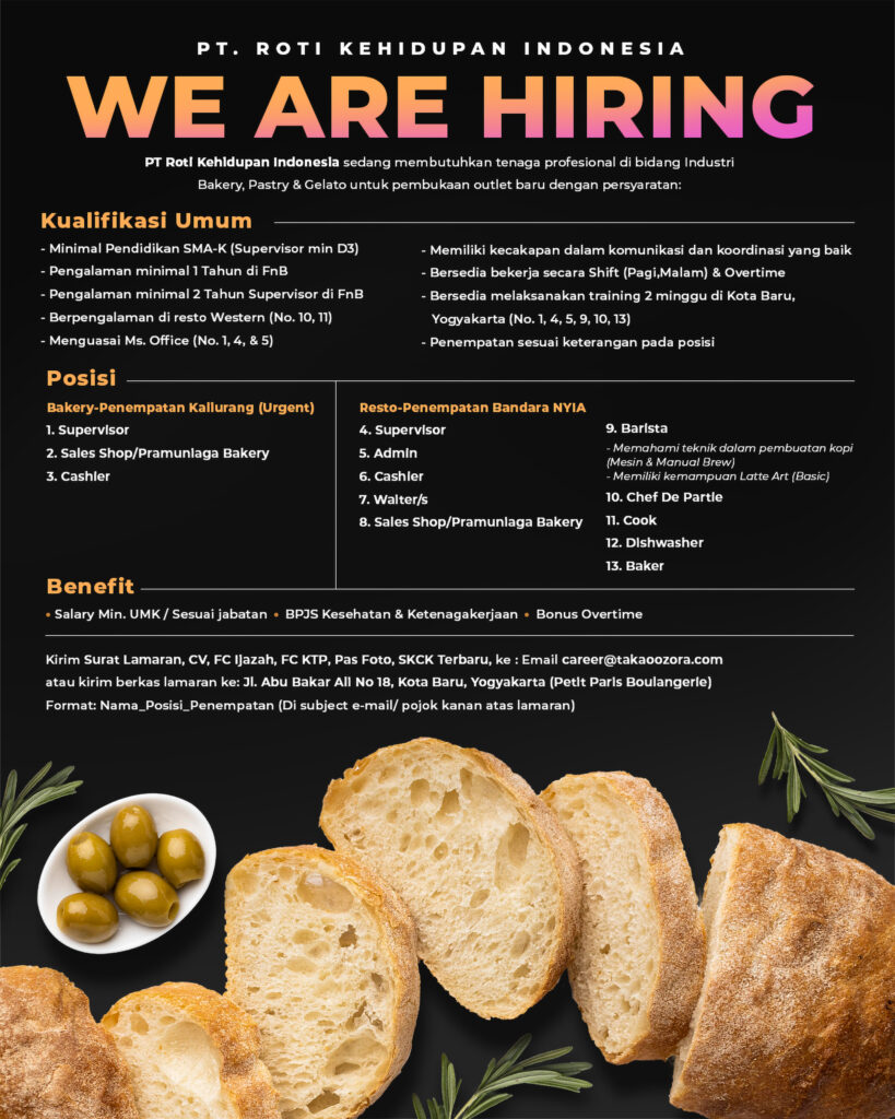 Lowongan Kerja Supervisor - Sales Shop/Pramuniaga Bakery - Cashier - Admin - Waiter/s - Barista ...