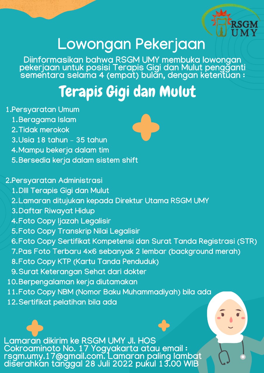 Lowongan Kerja Terapis Gigi dan Mulut di RSGM UMY - LokerJogja.ID