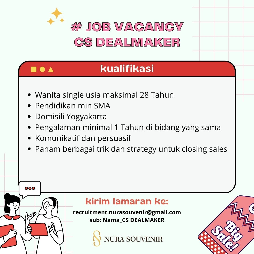 Lowongan Kerja CS Dealmaker - Content Creator - CS Marketplace - CS Support di Nura Souvenir ...