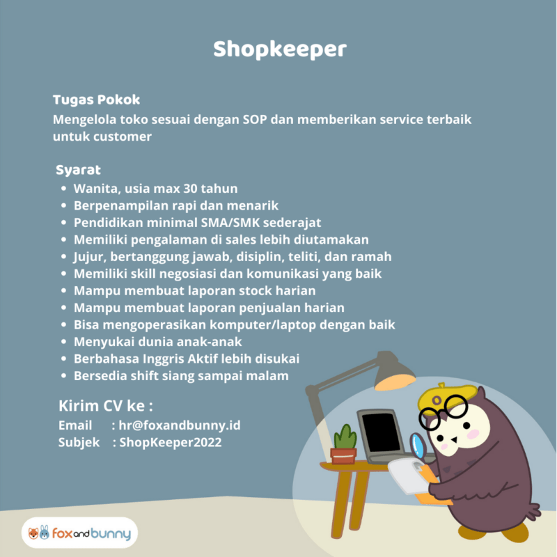 Lowongan Kerja Shopkeeper - Operator Produksi di Fox and Bunny - LokerJogja.ID