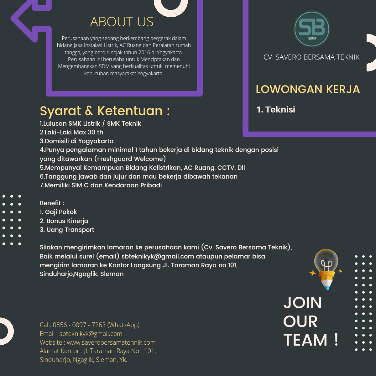 Lowongan Kerja Teknisi di CV. Savero Bersama Teknik - LokerJogja.ID