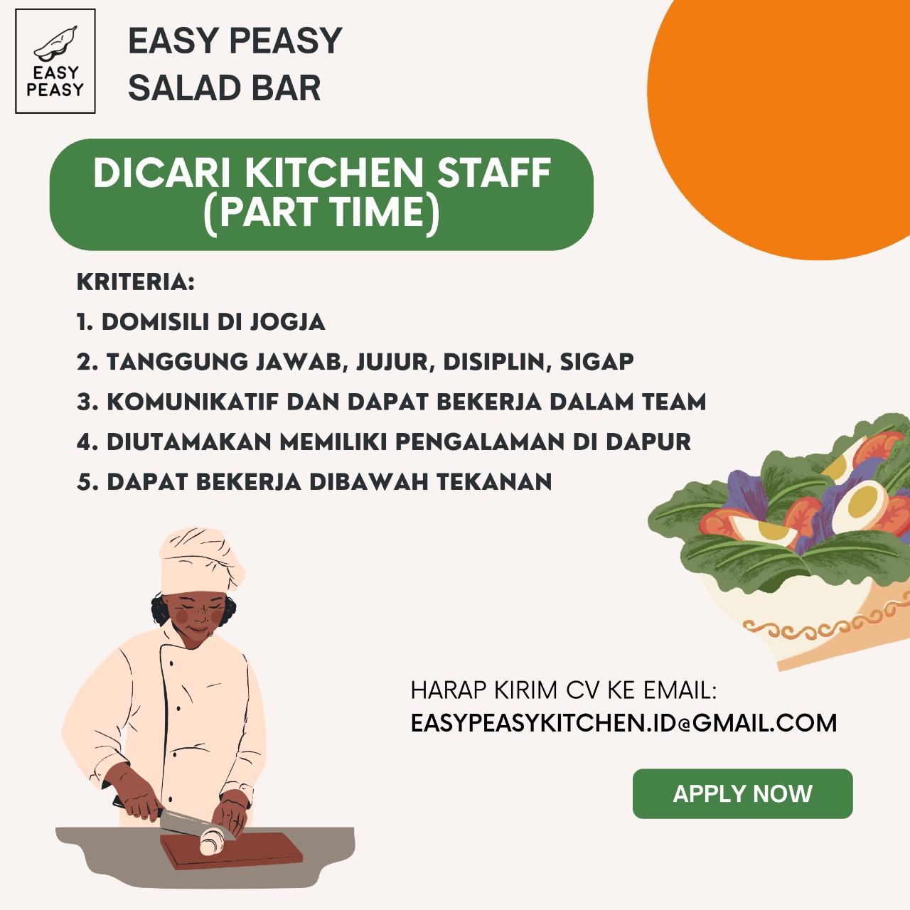Lowongan Kerja Kitchen Staff Part Time di Easy Peasy Salad Bar - LokerJogja.ID