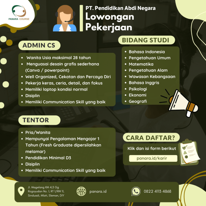 Lowongan Kerja Admin CS - Tentor di PT. Pendidikan Abdi Negara ...