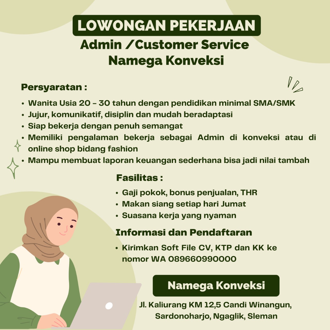 Lowongan Kerja Admin/ Customer Service di Namega Konveksi - LokerJogja.ID