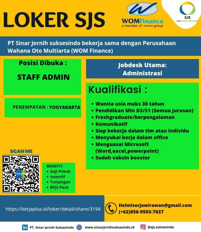 Lowongan Kerja Staff Admin di PT. Sinar Jernih Suksesindo - LokerJogja.ID