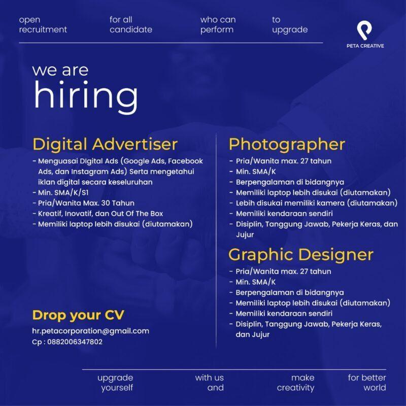 Lowongan Kerja Digital Advertiser - Photographer - Graphic Designer di Peta Creative - LokerJogja.ID