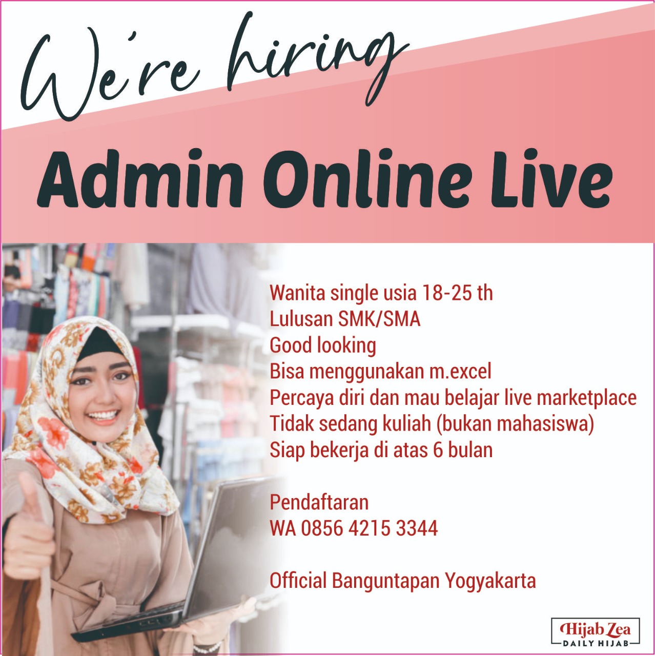 Lowongan Kerja Admin Online Live di Hijab Zea - LokerJogja.ID