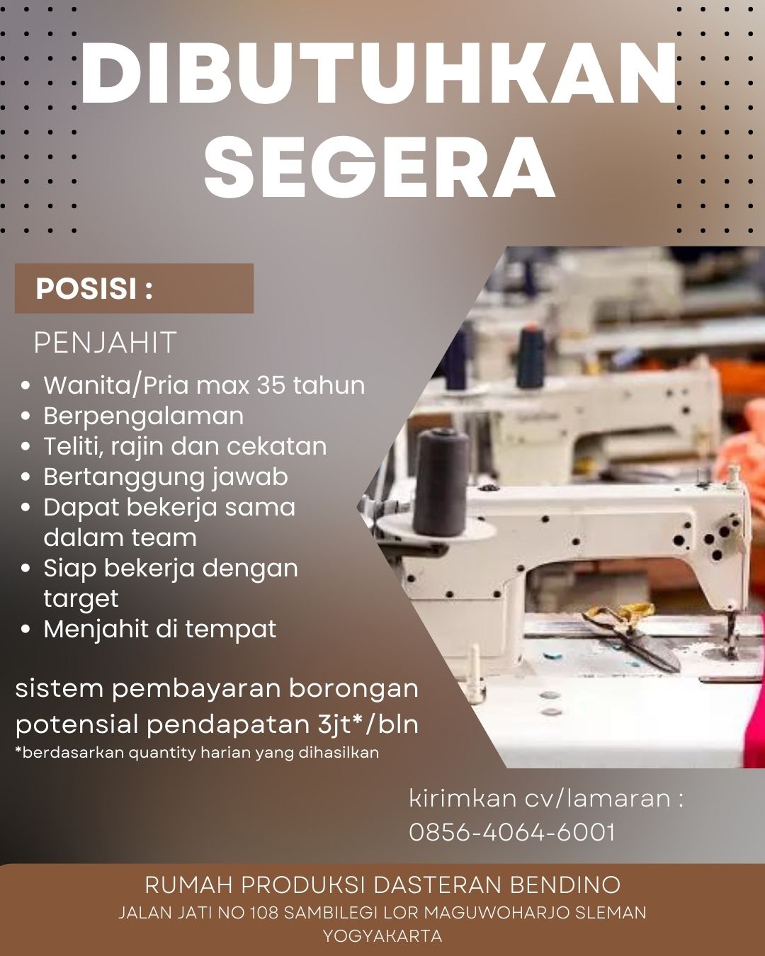 Lowongan Kerja Penjahit - Quality Control di Dasteran Bendino - LokerJogja.ID