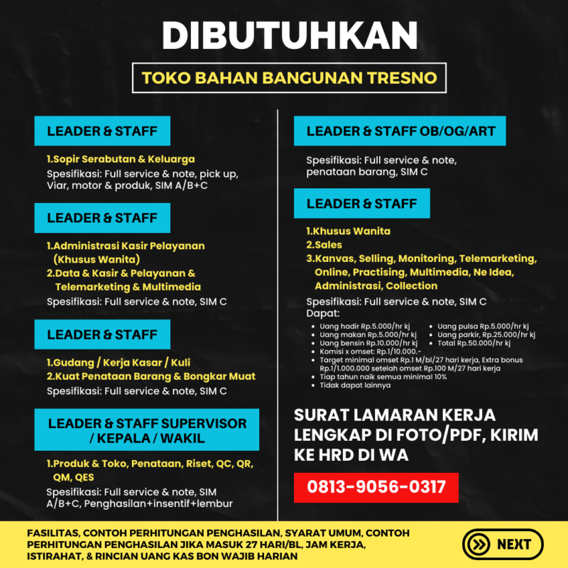 Lowongan Kerja Leader & Staff Sopir - Leader & Staff Administrasi Kasir Pelayanan - Leader ...