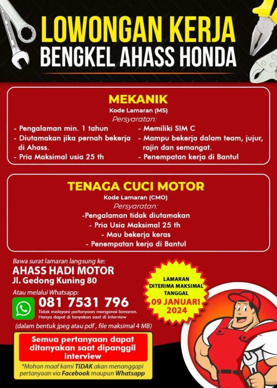 Lowongan Kerja Mekanik - Tenaga Cuci Motor di Ahass Hadi Motor ...