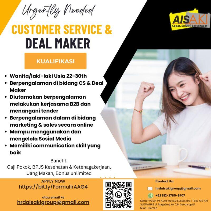 Lowongan Kerja CS Deal Maker - Marketing - Teknisi di Ais Aki Group - LokerJogja.ID